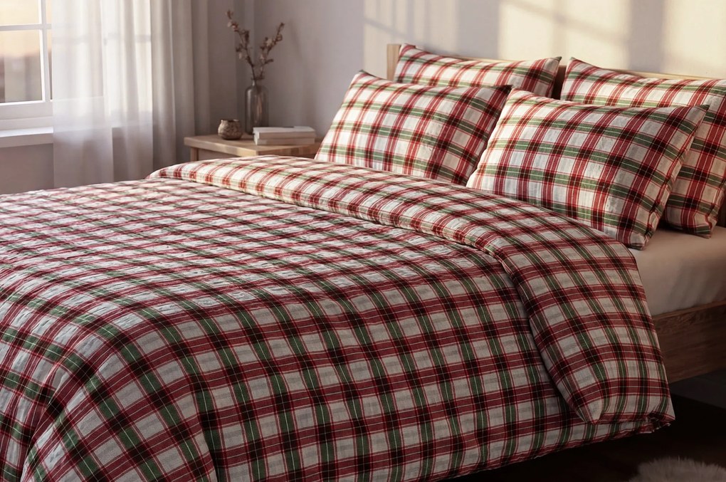 Krepové prodloužené povlečení Kostka - červenozelené Velikost: 140 x 220 + 70 x 90