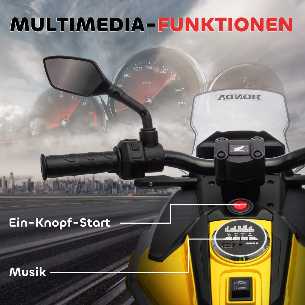 AIYAPLAY Elektrická dětská motorka, Honda, 3 km/h, hudba a světlo, 3-6 let, do 30 kg, žlutá