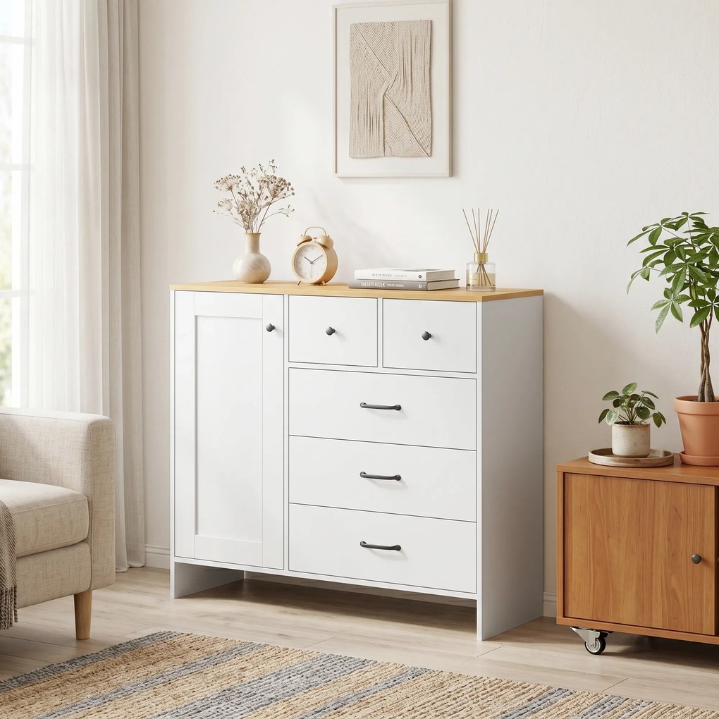 HOMCOM kuchyňský bufet, úložný nábytek s 5 zásuvkami a dvířky, rustikální styl, 100 x 40 x 94 cm, bílý