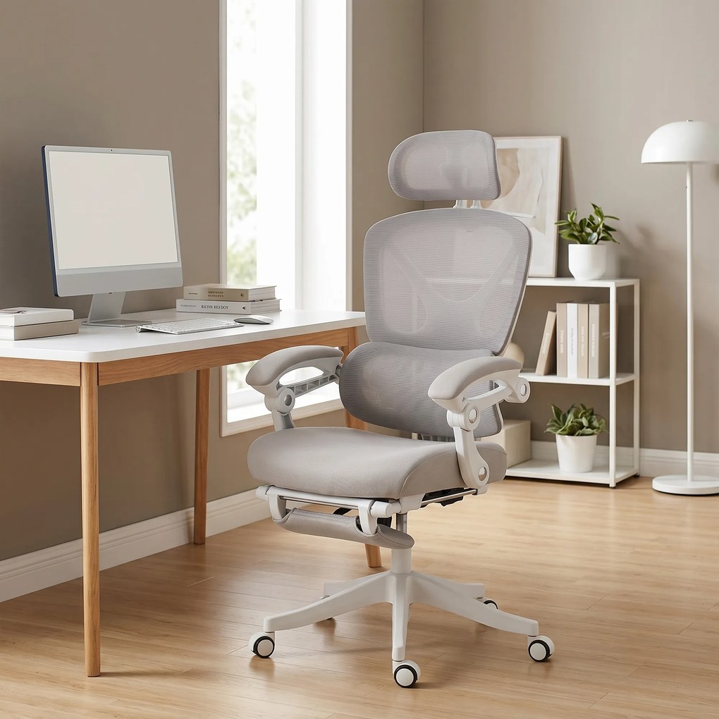 HOMCOM Kancelářská židle, ergonomická židle k psacímu stolu s opěrkou nohou, houpací funkcí, opěrkami rukou, síťovina, šedá