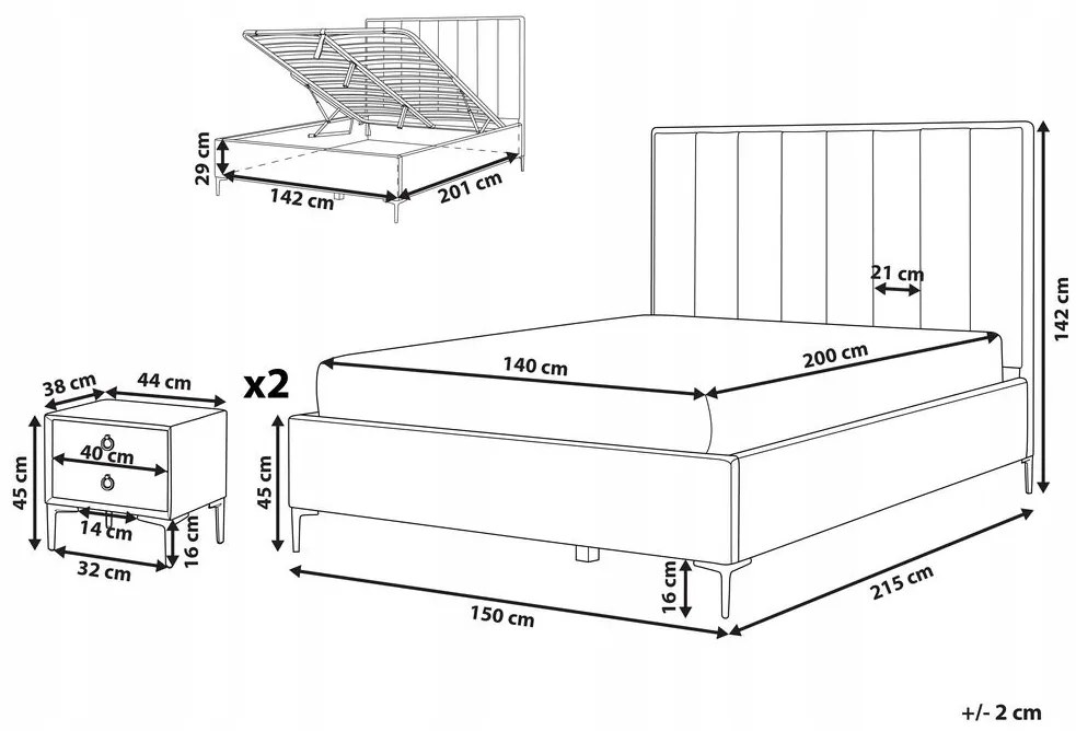 Beliani Sametová sada nábytku postel 140 x 200 cm +2 noční stolky tmavě šedá SEZANN