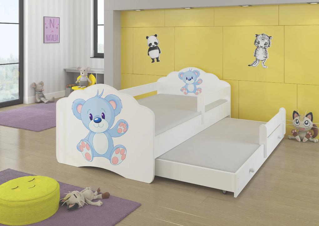 Dětská postel se zábradlím a matracemi CASIMO II 160x80 Hlavní barva: White, Motiv: MODRÝ MEDVĚD