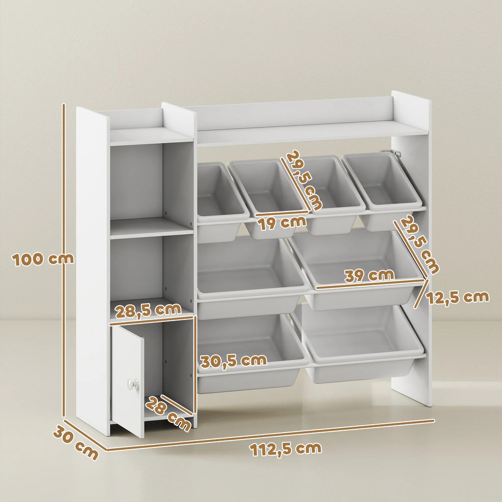 AIYAPLAY dětský úložný nábytek pro 3–8 let, úložník hraček s 8 odnímatelnými boxy, regály, skříň, bílý