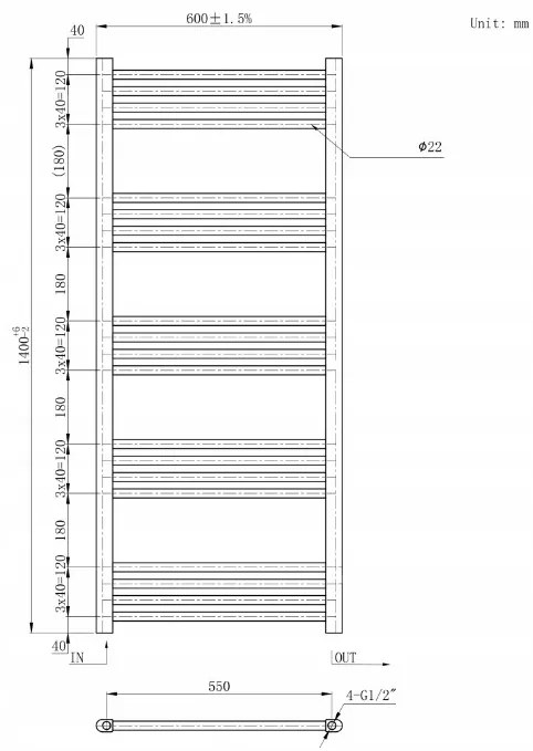 Gamma Erga Basic, topné těleso 1400x600 mm, 627 W, černá, ERG-LAV-BASIC-14060-BK