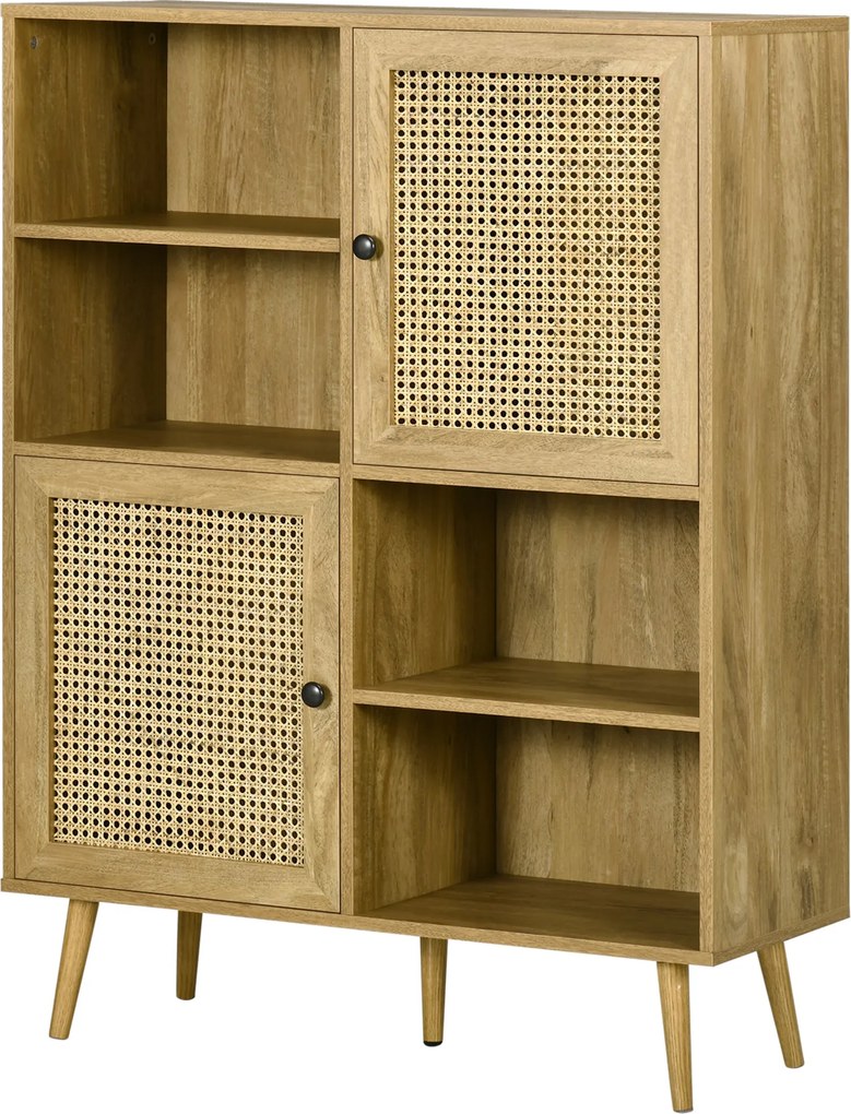 HOMCOM Buffetová skříňka s nohami z dřeva a ratanu se 2 dveřmi a 4 přihrádkami - rozměry 90L x 32,5W x 120H cm
