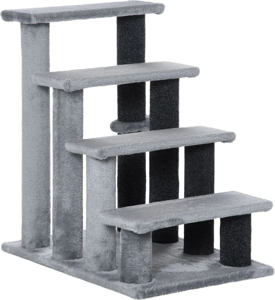 PawHut Kočičí Schody 4-krokové S Škrabadlem, Hračkou a Psy pro Kočky do 5 kg, Plyš a Jutová Šedá 60 x 40 x 64 cm | Aosom