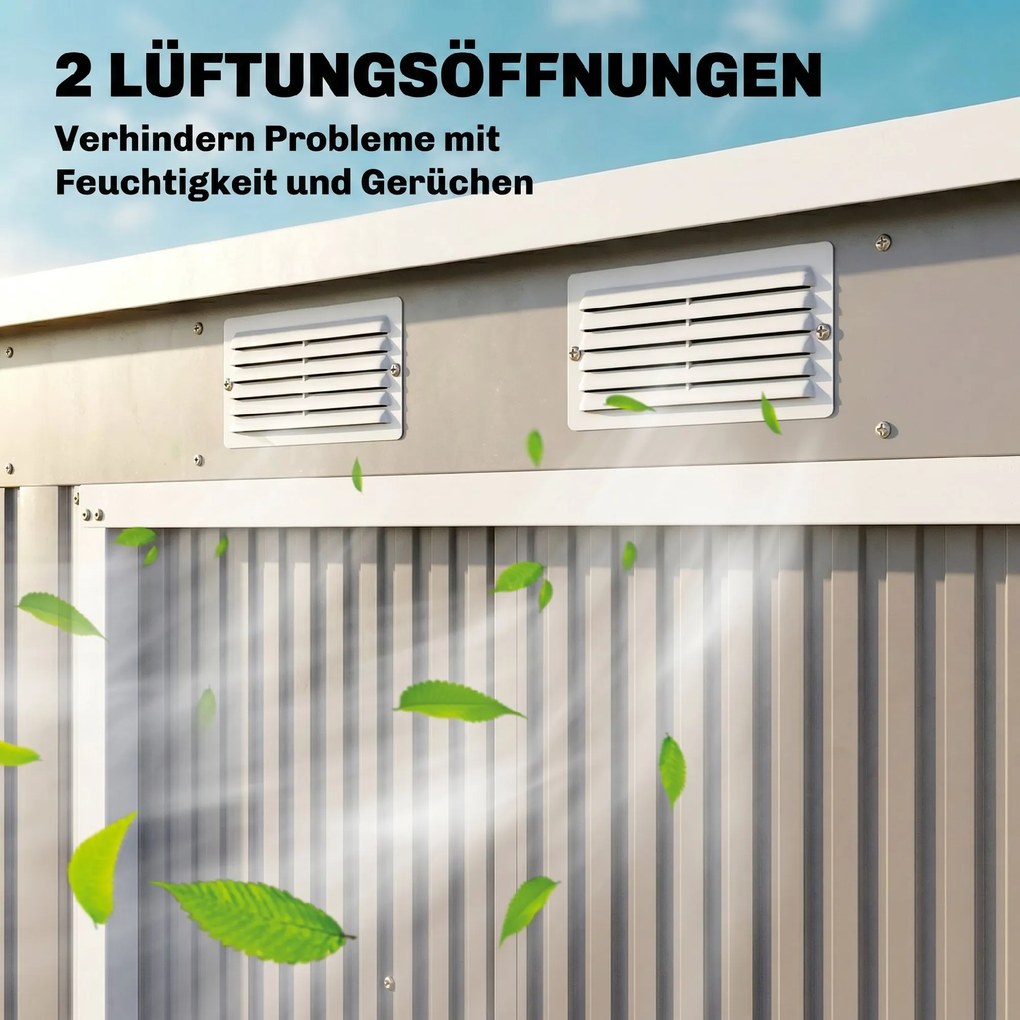 Zahradní domek Outsunny 3,2 m² 213x130x172 cm se sběrnými dveřmi a šikmou střechou, zesílený základ (podlaha není součástí) a 2 okna, Světlá šedá
