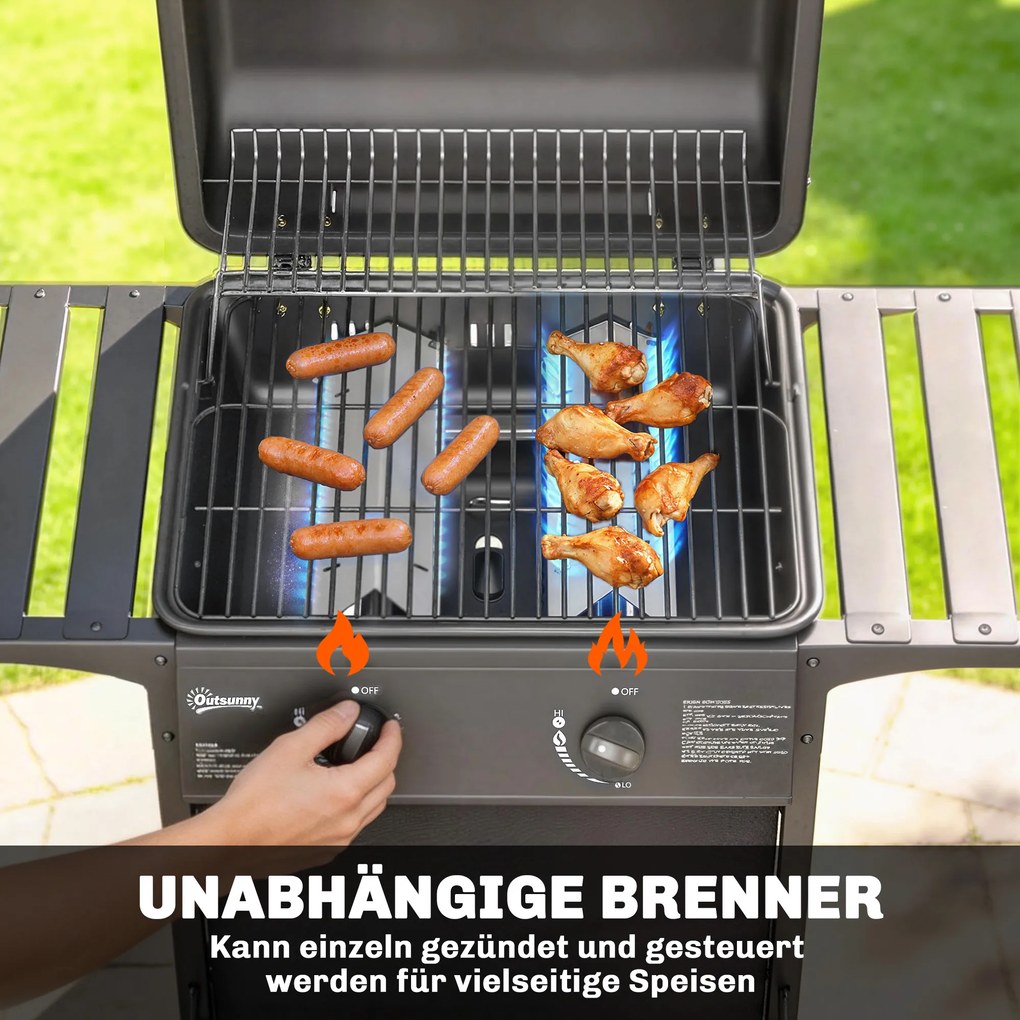 Plynový gril 5 KW 2 hořáky BBQ grilovací vozík z nerezové oceli včetně bočního stolku spodní koš přední kryt teploměr smaltovaný grilovací rošt