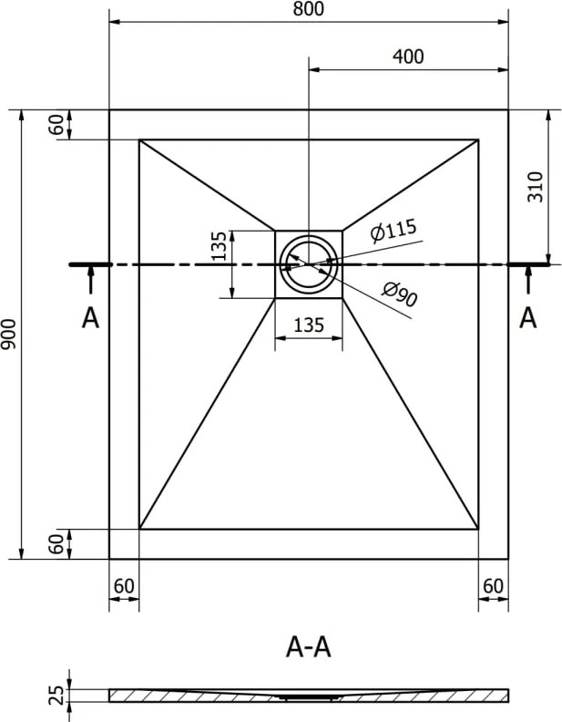Mexen Stone+ obdélníkový kompozitní sprchový kout 90 x 80 cm, černý - 44708090