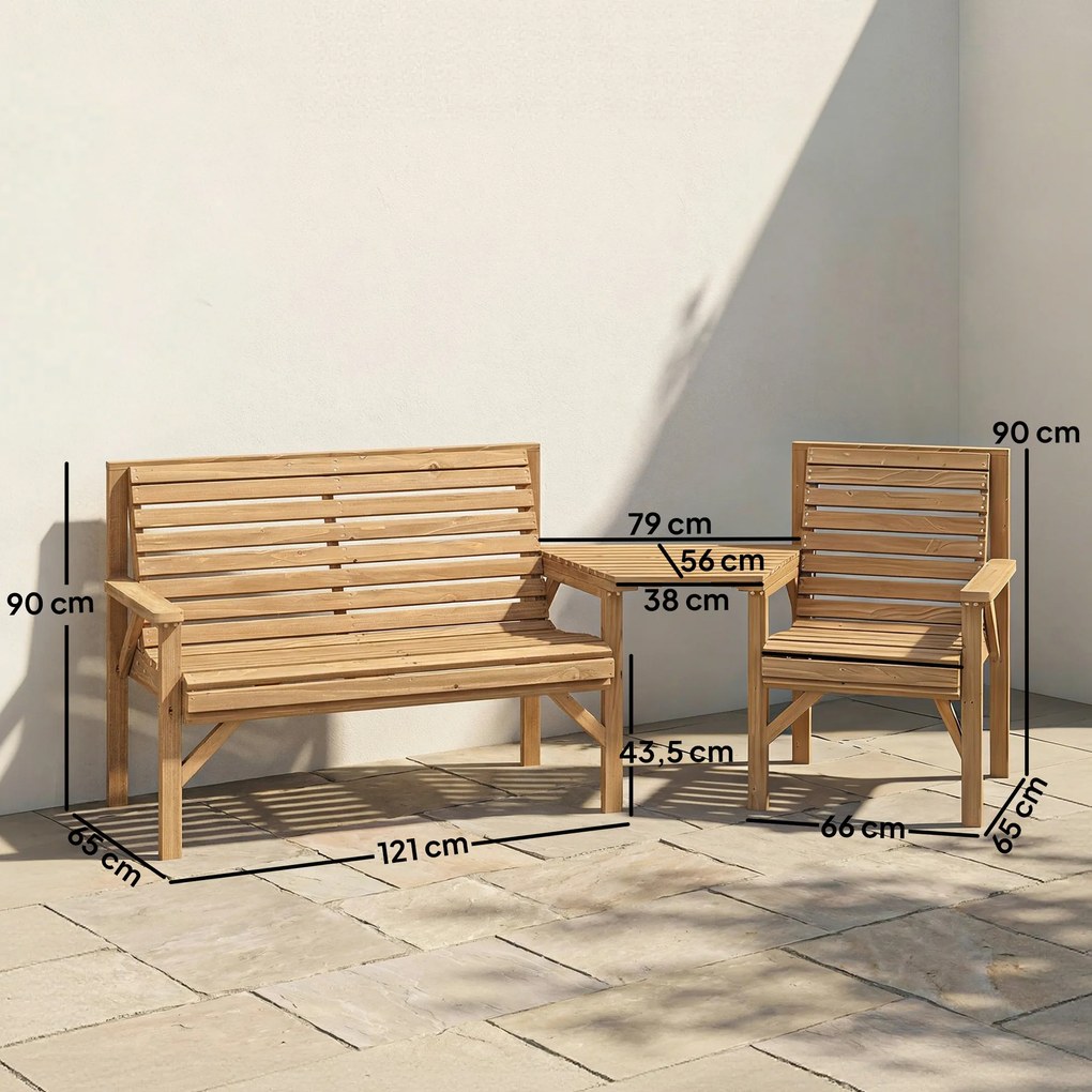 Sada 3 zahradních židlí, sada balkonového nábytku s otvorem pro slunečník, zahradní židle, lavice, odnímatelný stůl 121x65x90 cm přírodní dřevo