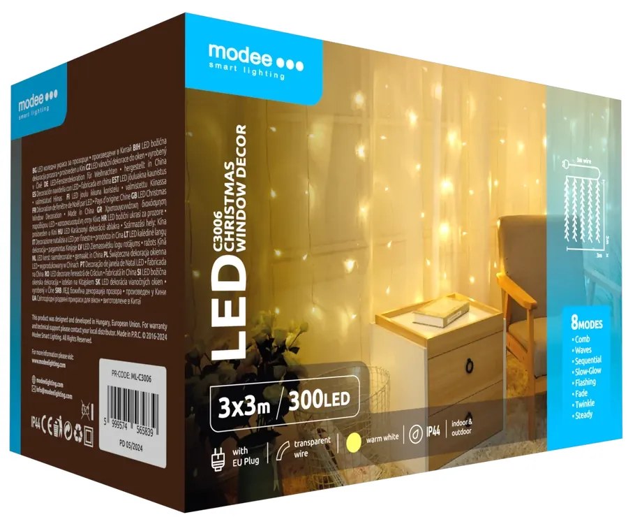 Vánoční osvětlení led modee c3006 300 led 3x3m, vnitřní/venkovní, teplá