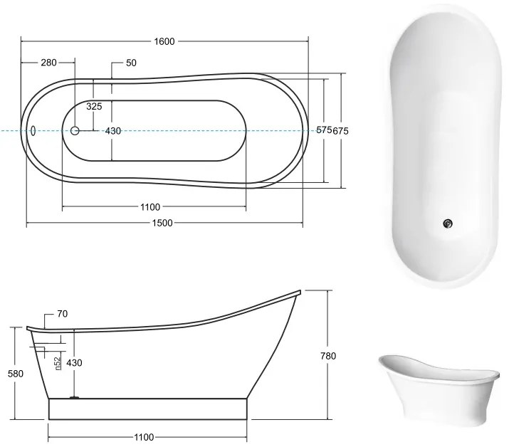 Besco Gloria volně stojící vana, litý mramor Délka vany: 150cm