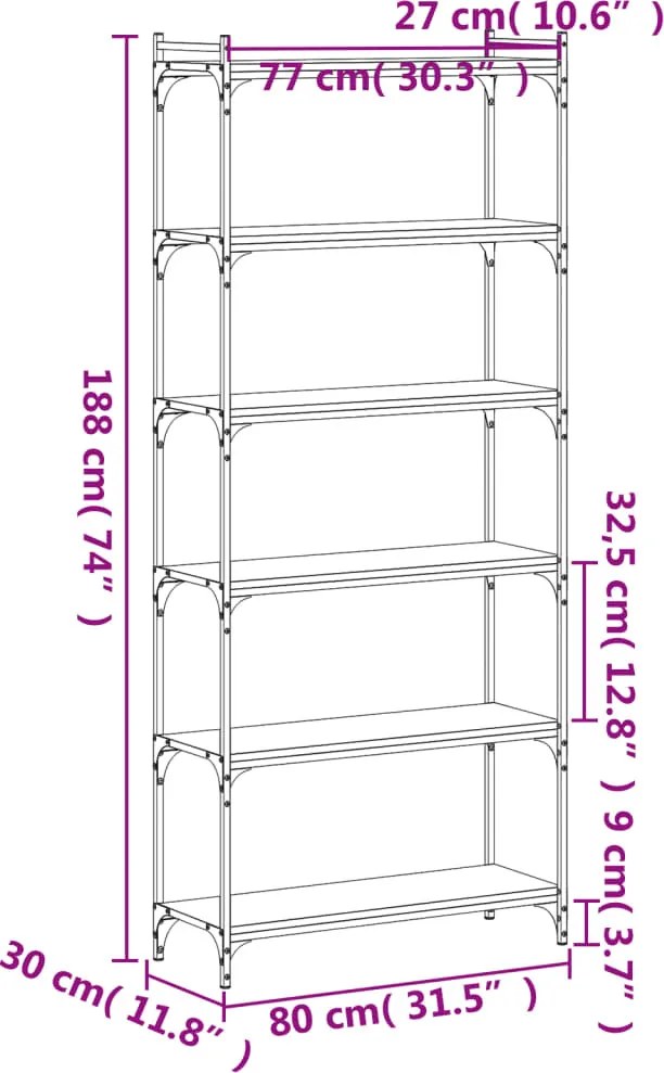 vidaXL Knihovna se 6 policemi 80x30x188 cm kompozitní dřevo [837685] Barva: hnědý dub