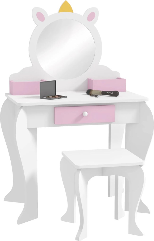 ZONEKIZ dětský toaletní stolek se stoličkou a zrcadlem, toaletní stolek pro dívky se zásuvkou a přihrádkami, design jednorožce, bílý