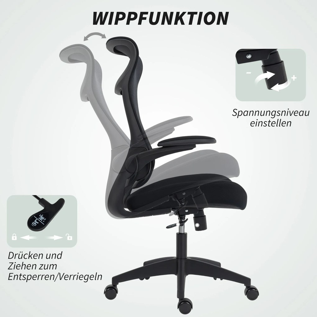 HOMCOM Ergonomická kancelářská židle se 3D opěrkami rukou, síťovaným opěradlem, S-formovaným opěradlem, opěrkou hlavy, funkcí naklápění, černá