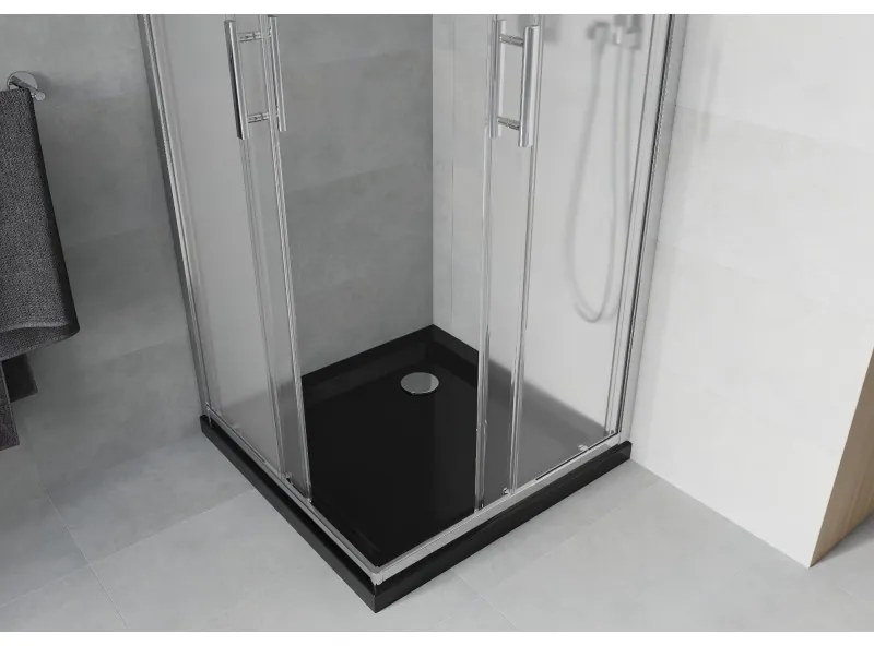 Mexen Rio, čtvercový sprchový kout s posuvnými dveřmi 80 x 80 cm, 5mm šedé sklo, chromový profil + černá sprchová vanička Rio, 860-080-080-01-30-4070