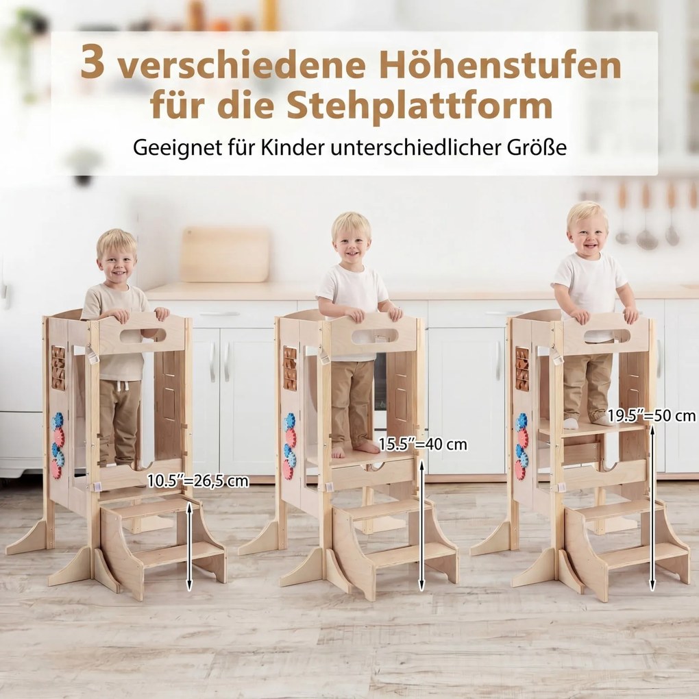 Costway Skládací výuková věž 3 ve výukové židli 1 Montessori s tabulí, ochranou