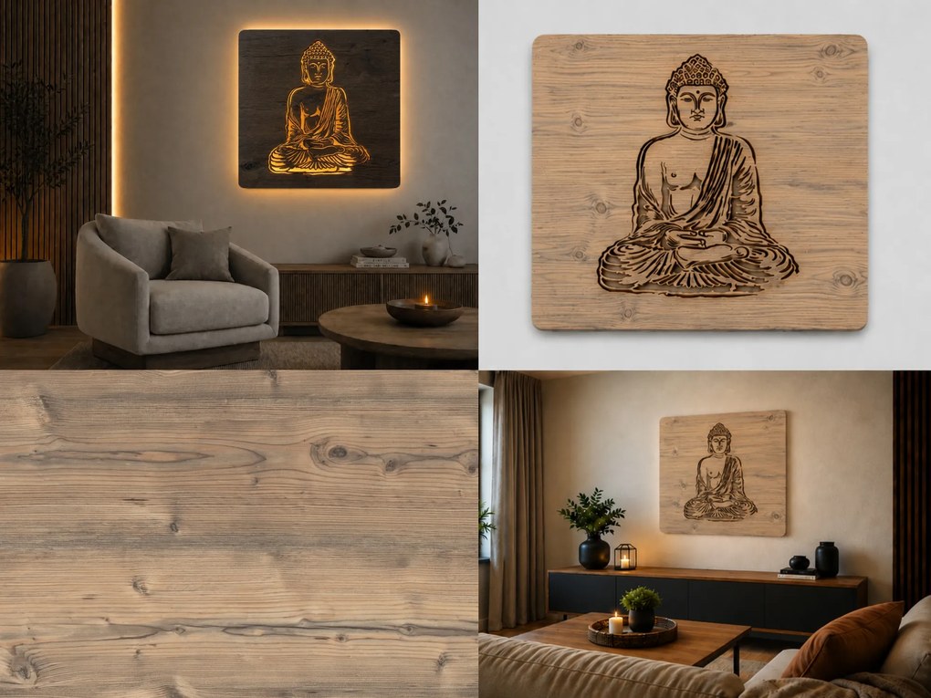Li-Go "Buddha" světelný obraz s baterií a pohybovým čidlem 62x62 cm provedení povrchu: jedle