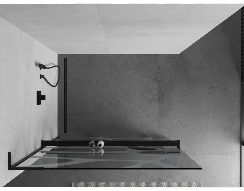 Mexen Kioto+ L, sprchová zástěna Walk-In s poličkou a věšákem 110 x 200 cm, 8mm čiré sklo bílý vzor, černý profil, 800-110-123-70-97