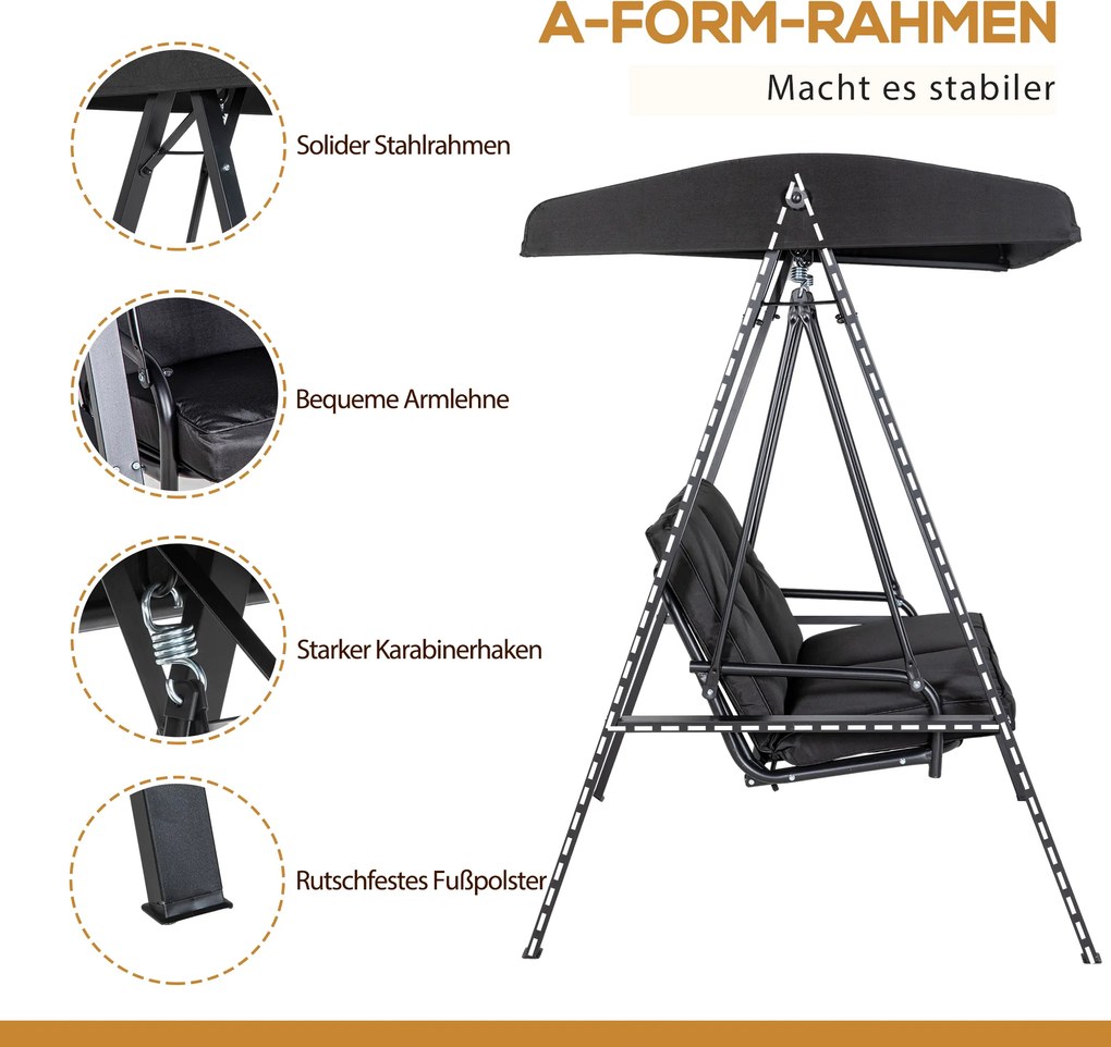 Houpačka Hollywood, 2místná zahradní houpačka s nastavitelnou střechou, max. nosnost 220 kg, 145 x 116 x 172 cm, černá barva