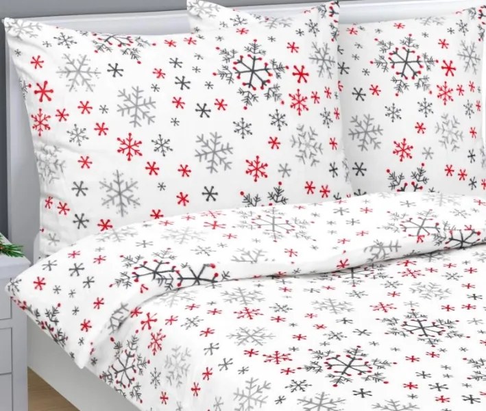 Bellatex Povlečení MIKROFLANEL 140x200, 70x90 cm Vločka Bílá,Šedá,Červená