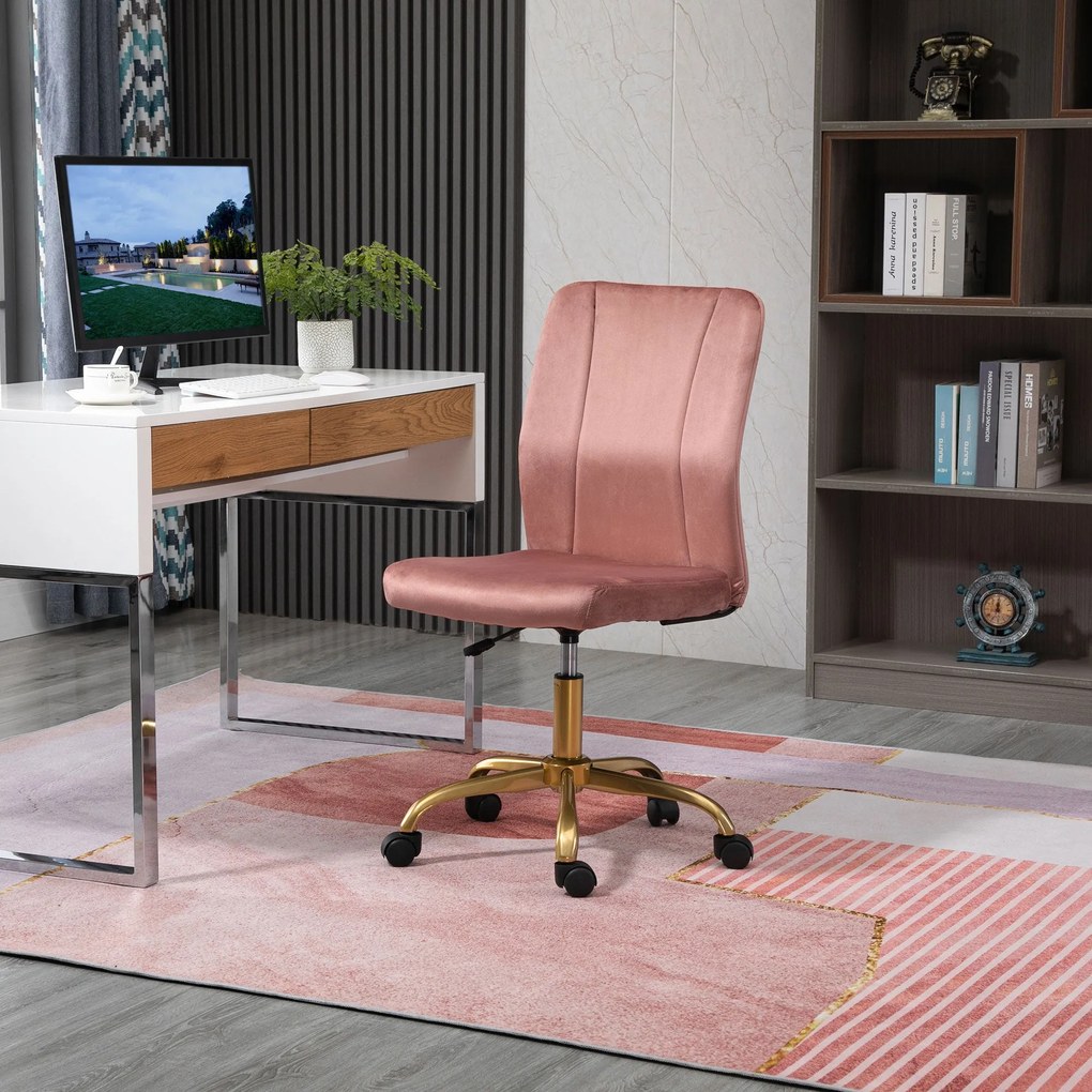 Vinsetto Moderní Kancelářská Židle s 360° Otočením, Ergonomický Zakřivený Opěrák, Nastavitelná Výška, Sametový Potah, 56 x 60 x 102 cm, Růžová a Zlatá