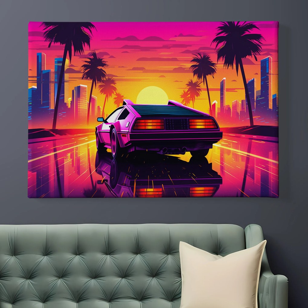 Obraz na plátně - Retrowave auto ve smyku FeelHappy.cz Velikost obrazu: 60 x 40 cm