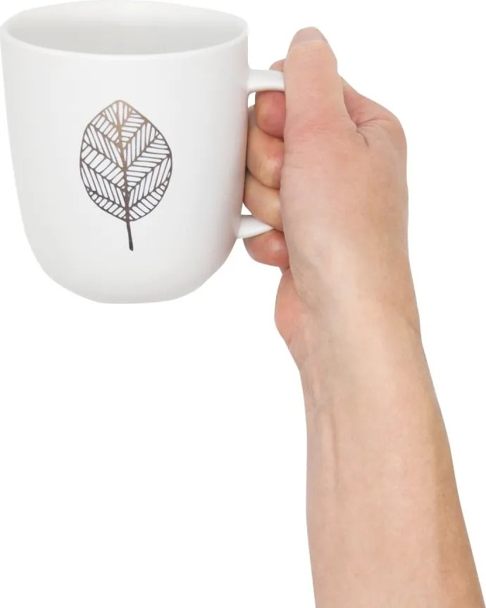 Porcelánový hrnek Pure Gold, bílý, 400 ml – tichý luxus, motiv zlatého listu, matný povrch