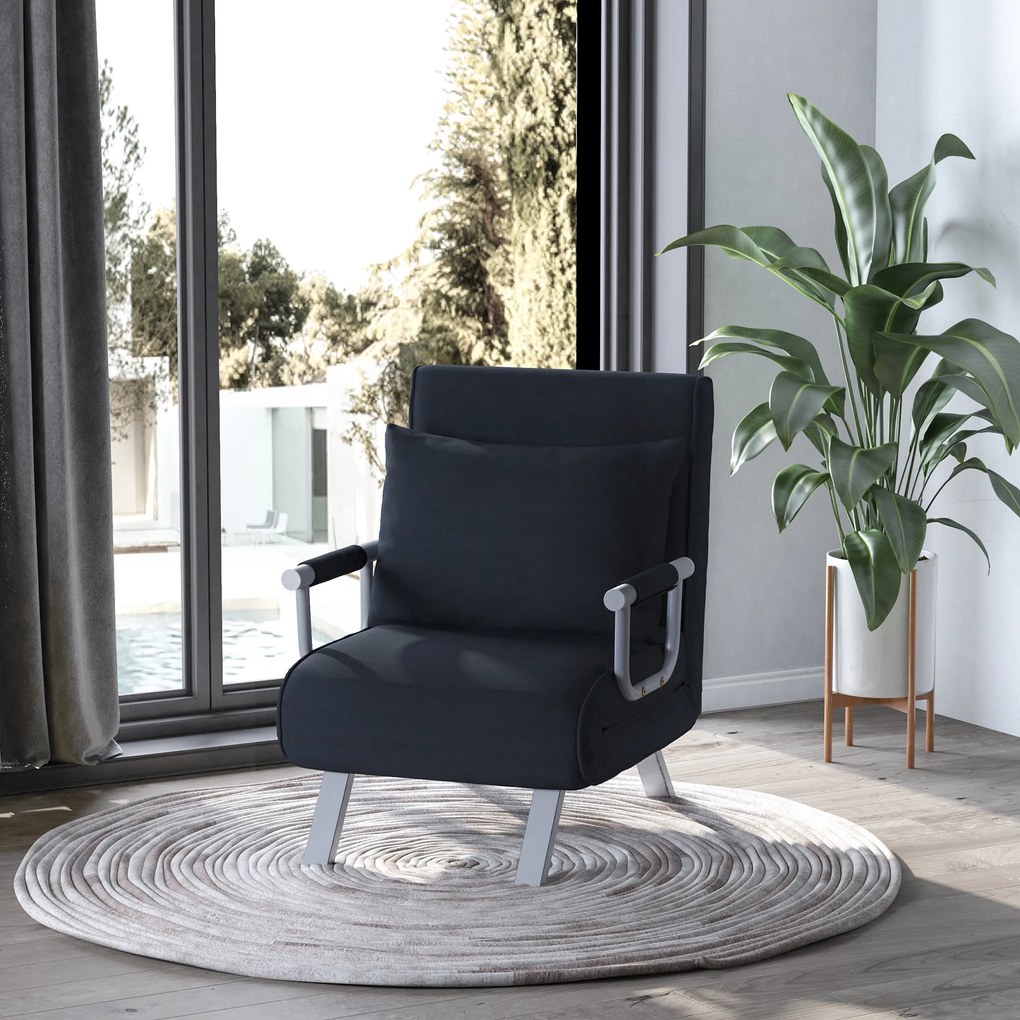HOMCOM Rozkládací pohovka 2 v 1 s nastavitelným opěradlem 65L x 77W x 80H cm, snímatelný potah, polštáře, robustní a nerezavějící, polyester černá | …