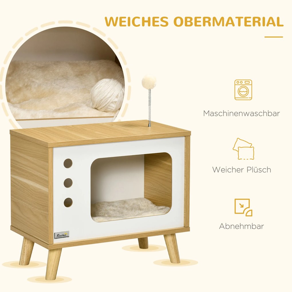 Domeček pro kočky PawHut v TV designu, míček a polštářek v ceně, koš pro kočky, dub/béžová/bílá, 50x28x43cm