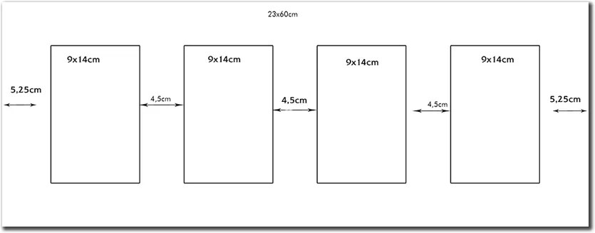 Pasparta do rámečku 23x60cm - Panorama Velikost: 23x60cm, výsek: 9x14cm - 2x + 14x9cm - 2x (pro 4 foto 10x15cm), Barva pasparty: Bílá