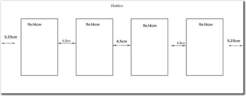 Pasparta do rámečku 23x60cm - Panorama Velikost: 23x60cm, výsek: 9x14cm - 4x (pro 4 foto 10x15cm), Barva pasparty: Bílá