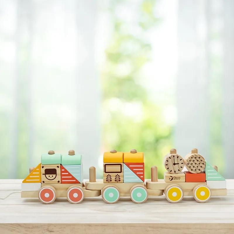 Classic World Dřevěný vláček pro děti - 3 vagóny s kostkami