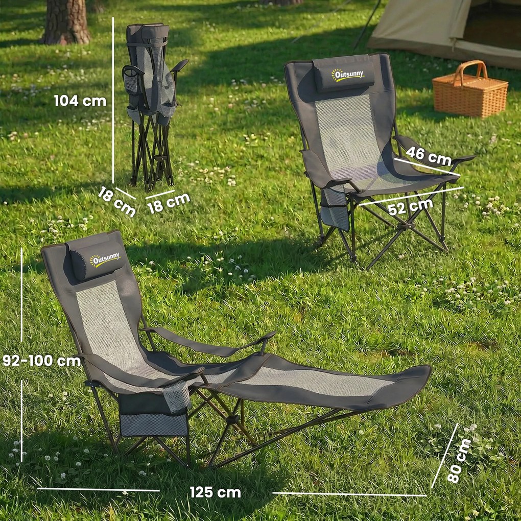 Outsunny sada 2 skládacích kempingových židlí – nastavitelná opěrka zad, opěrka nohou, držák na nápoj a opěrka hlavy, zahradní a plážové, nosnost 120…