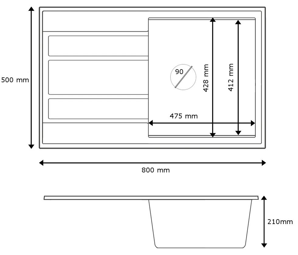 Sink Quality Ferrum New 8010, 1-komorový granitový dřez 800x500x210 mm + chromový sifon, černá, SKQ-FER.8010.BK.X