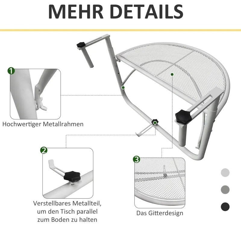 Outsunny Balkonový závěsný stolek půlkruhový, výškově nastavitelný, Ø30 cm, bílý, 60 x 45 x 50 cm 84B-295WT