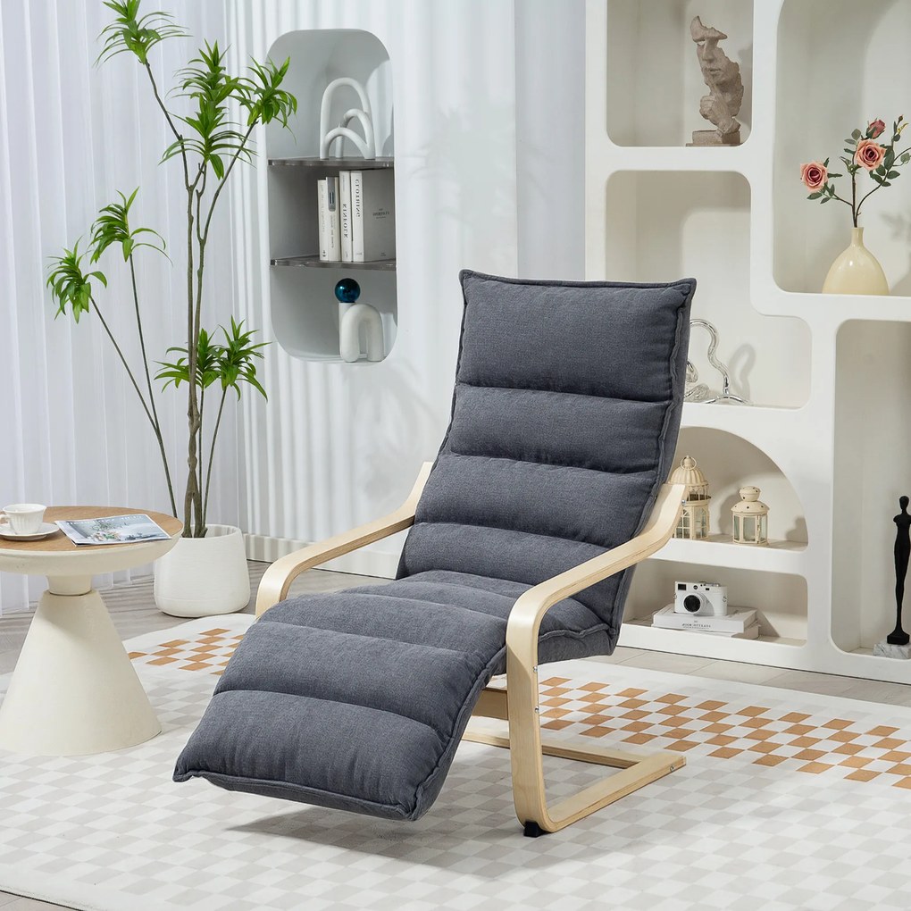 HOMCOM Tmavě šedé dřevěné relaxační křeslo s sametovým potahem, nastavitelný opěrka na nohy, moderní design pro obývací pokoj a lounge