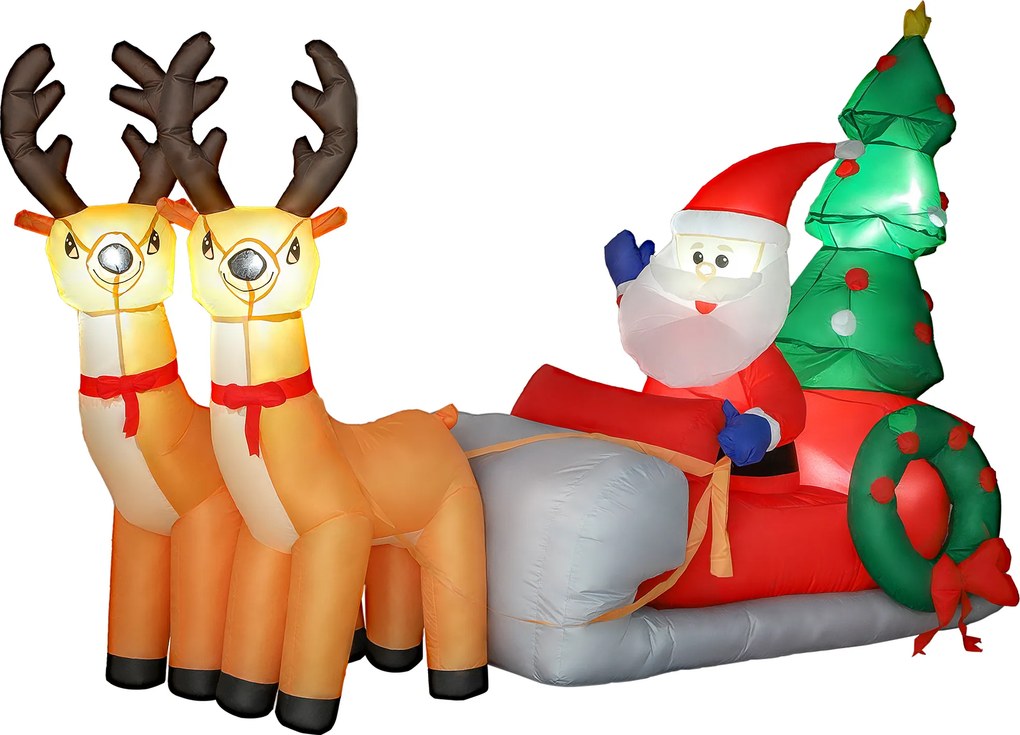 Outsunny Nafukovací vánoční dekorace, Santa Claus v sobím saních, polyesterová látka, LED světla, barevné