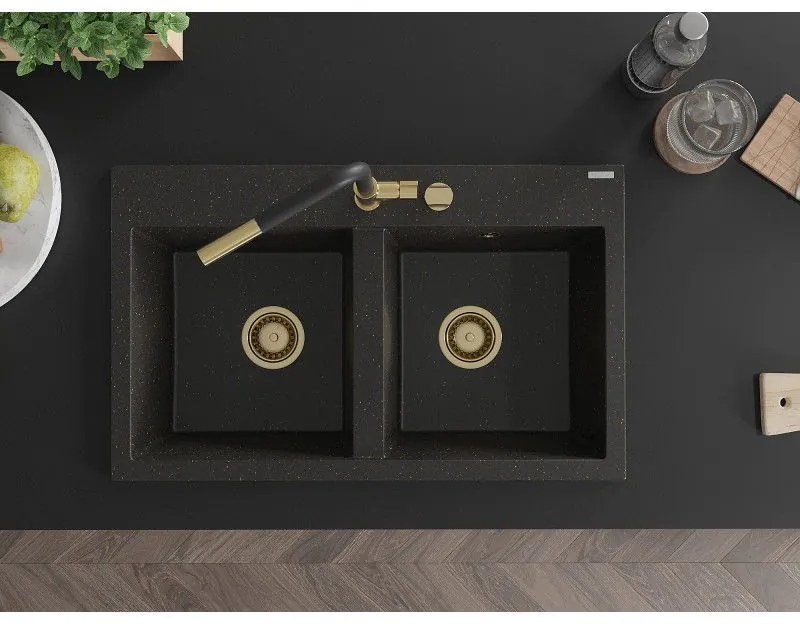 Mexen Hektor, 2-komorový granitový dřez 800x480x205 mm, černá-zlatá metalíza, zlatý sifon, 6521802000-75-G