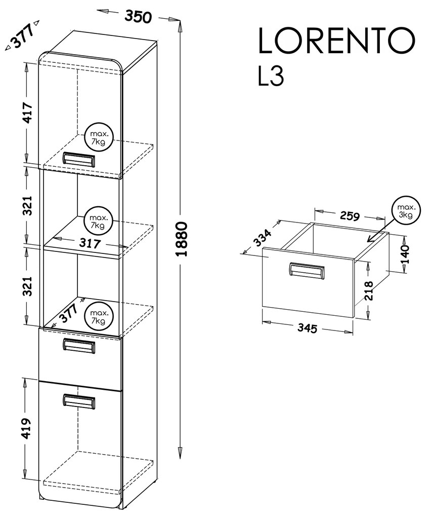 Regál LORENTO L3 Dolmar 35/188/40 Barva: jasan coimbra/fialová