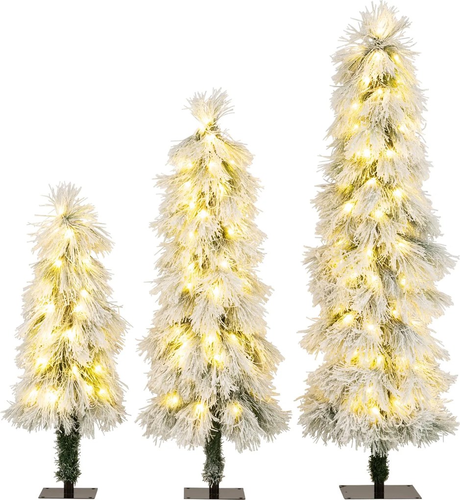 Costway Sada 3 umělých vánočních stromků 90 cm 120 cm 150 cm s osvětlením sněhem