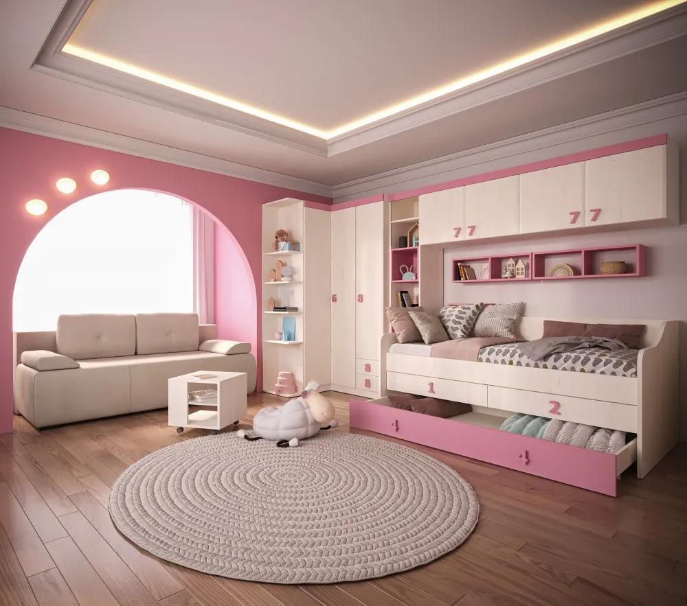 Dětská zásuvka pod postel NUMERO - dub bílý/růžová