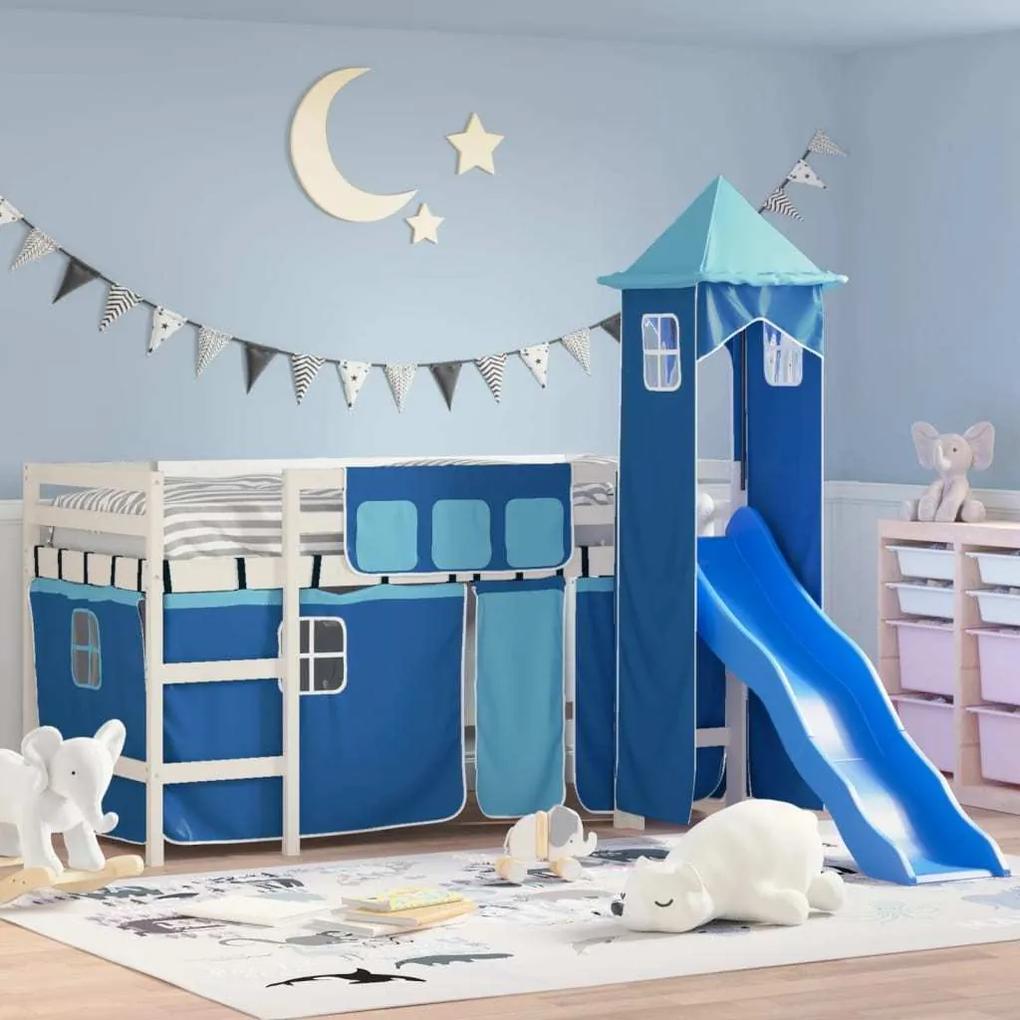 vidaXL Dětská patrová postel s věží bílá a 80 x 200 cm borovice [3207063] Barva: Přírodní a modrá