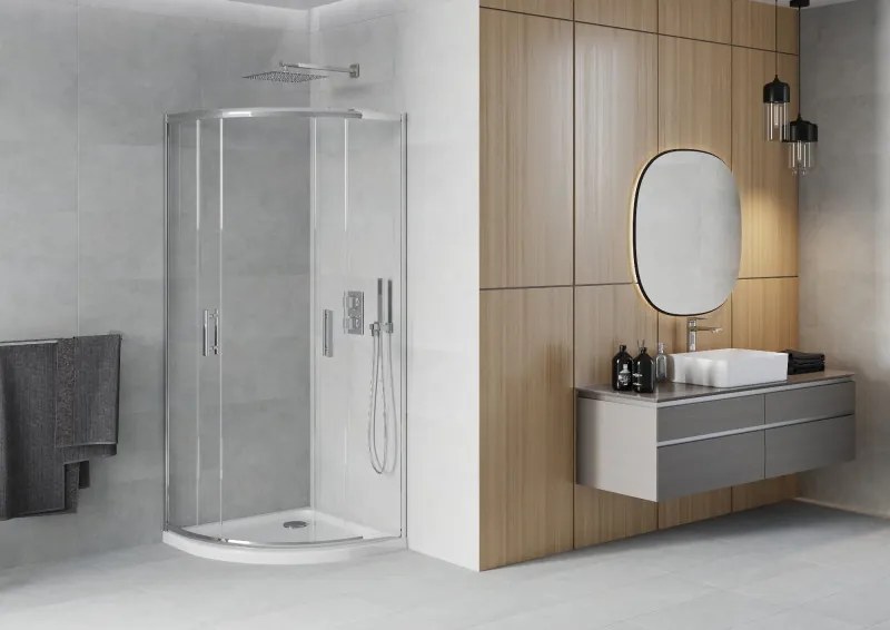 Mexen Rio, čtvrtkruhový sprchový kout 90 x 90 cm, 6mm čiré sklo, chromový profil + bílá sprchová vanička, 863-090-090-01-00-4110