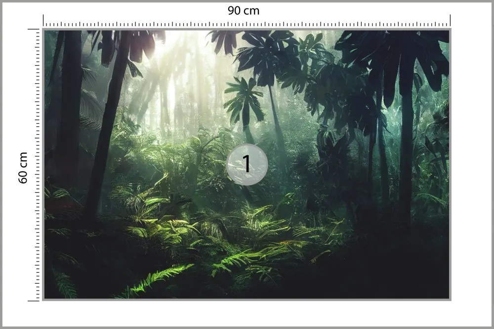 Fototapeta Dark Rainforest, Sun Rays Through The Trees, Rich Jungle Greenery. Atmospheric Fantasy Forest. 3D . Hladký vinyl 135x90