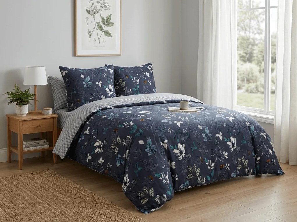 Oboustranné povlečení DUO SENSE NOCTIFLORA tmavě modré mikroplyš/flanel Rozměr povlečení: 2 ks 70 x 90 cm | 200 x 220 cm