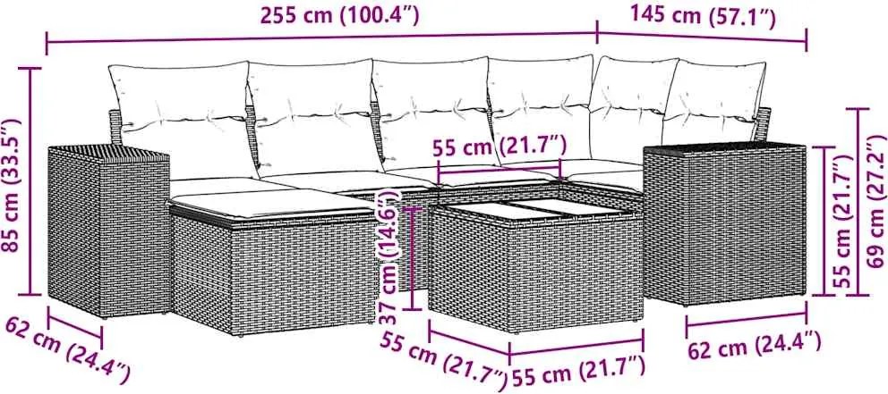 7dílná zahradní sedací souprava a podušky světle šedá polyratan 3255209