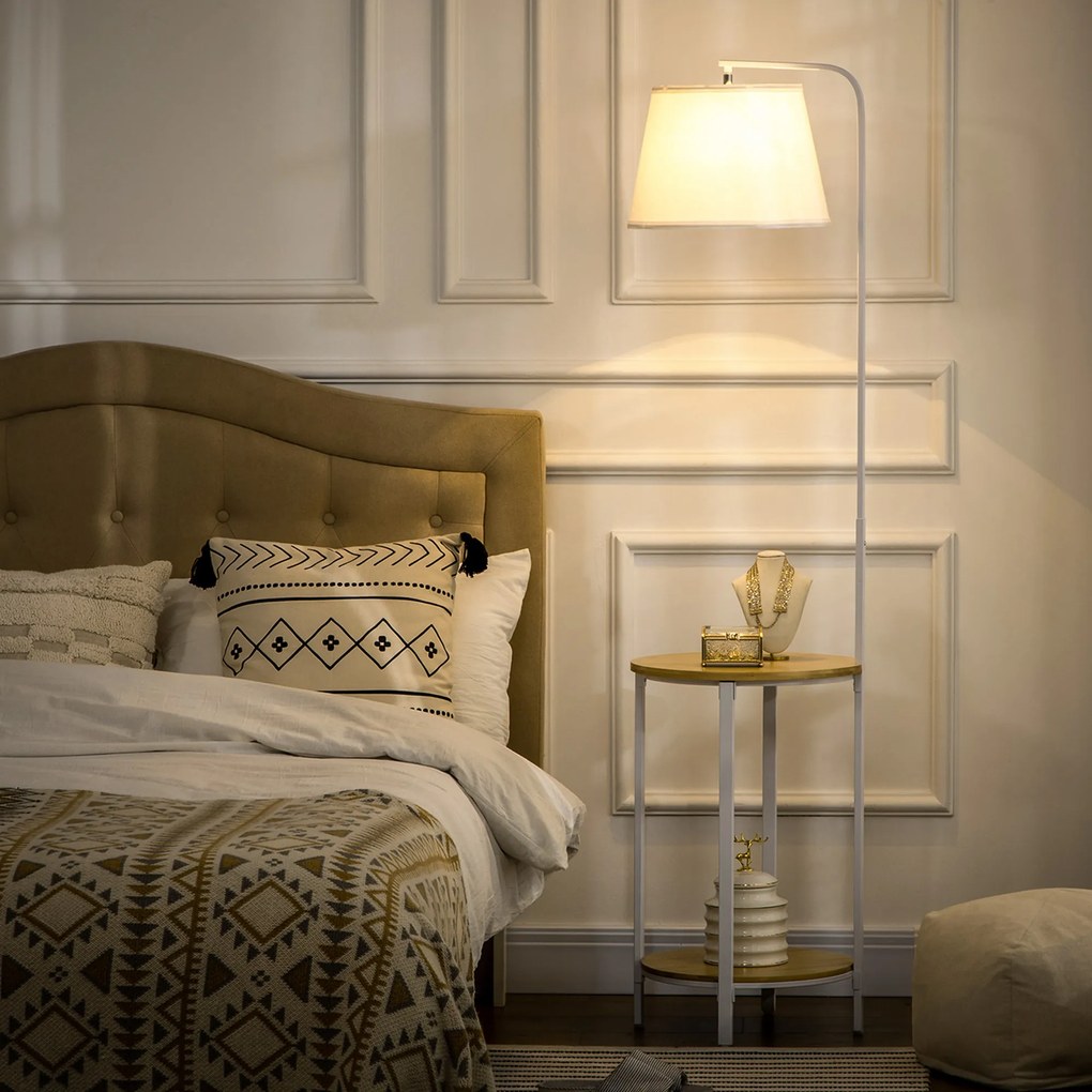 HOMCOM Stojací lampa 162 cm 40 W Stojací lampa se 2 policemi a plátěným stínidlem z bílého kovu do obývacího pokoje a ložnice