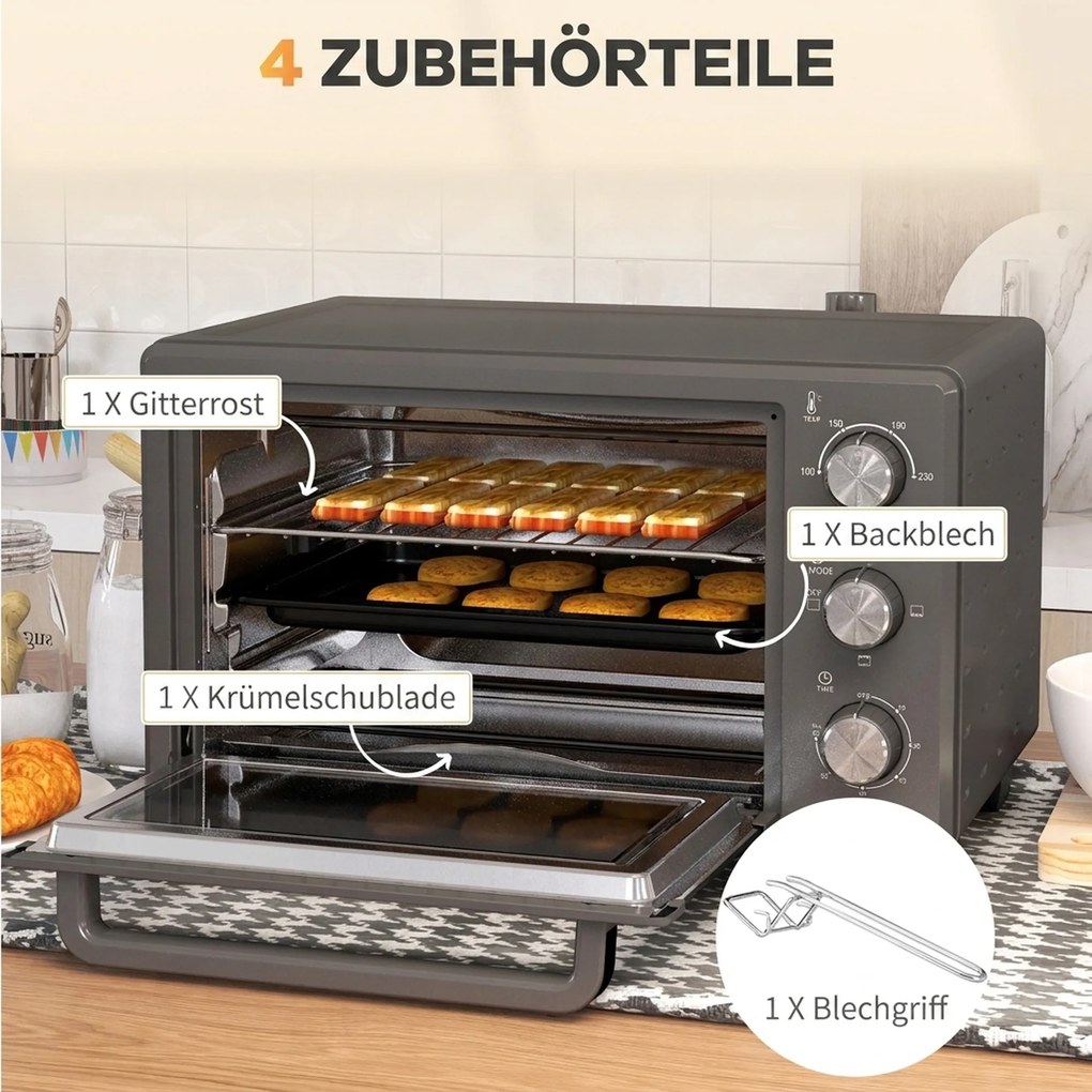 HOMCOM Mini trouba 21L 1400W 60 min. časovač, malá trouba s nastavitelnou dobou pečení 100 °C-230 °C, mini trouba s pečicím plechem, drátěný rošt, ne…
