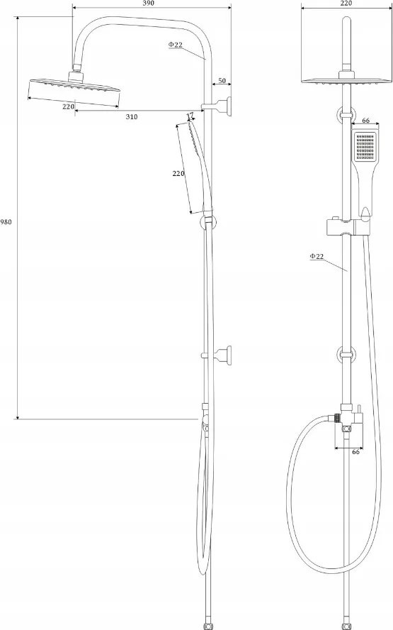 Deante Neo Vero, sprchová sada s horní dešťovou a ruční 1-funkční hlavicí, chromová, NBV_051K